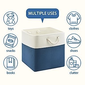 Patvingot 13x13x13 Storage Cube Bins,Set of 4, Large Foldable Fabric Storage Cubes with Handles for Organizing Home, Closet, Clothes, Toy, Book, Office(White&Blue)