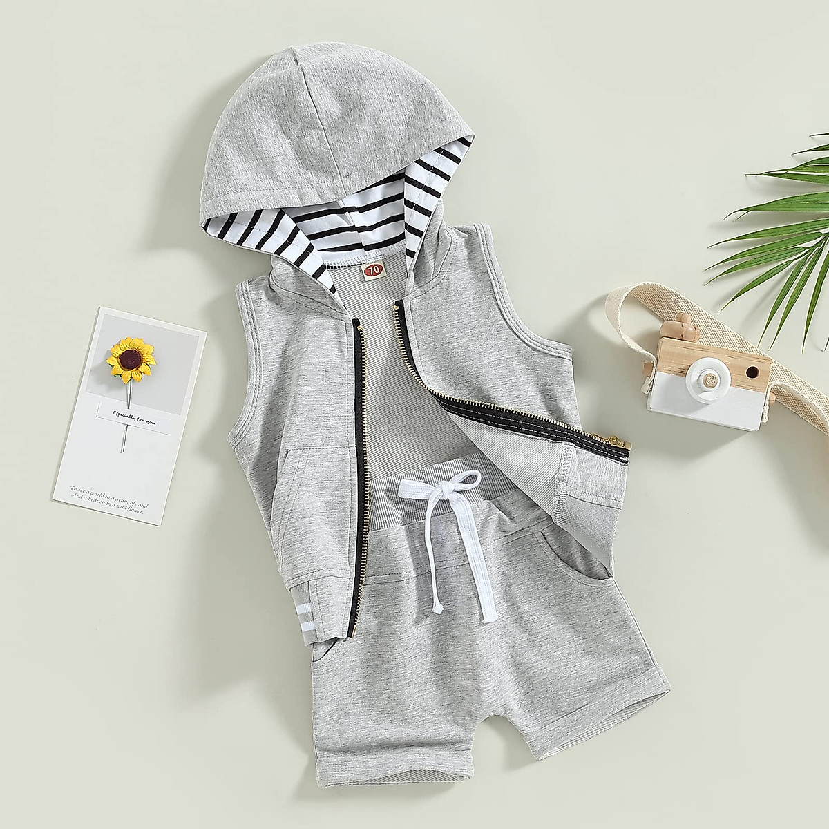 Hnyenmcko Infant Baby Boys Summer Clothes Hoodie Sleeveless Tank Tops Solid Color Drawstring Shorts Set Toddler 2pcs Outfits (Gray, 12-18 Months)