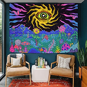 Uspring Blacklight Burning Sun Tapestry UV Reactive Sunset Mushroom Tapestry Hippie Eyes Tapestries Ocean Plant Tapestry Aesthetic Mountain Tapestry Wall Hanging for Bedroom(59.1 x 82.7 inches)