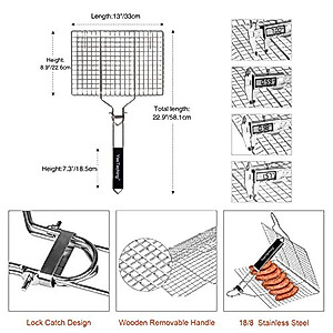 Yeeteching BBQ Grill Basket,430 Durable Food Grade Stainless Steel Fish Grilling Basket with Removable Handle for Fish Vegetable Steak Shrimp with 2 Pack Brushes (grill basket+brushes)