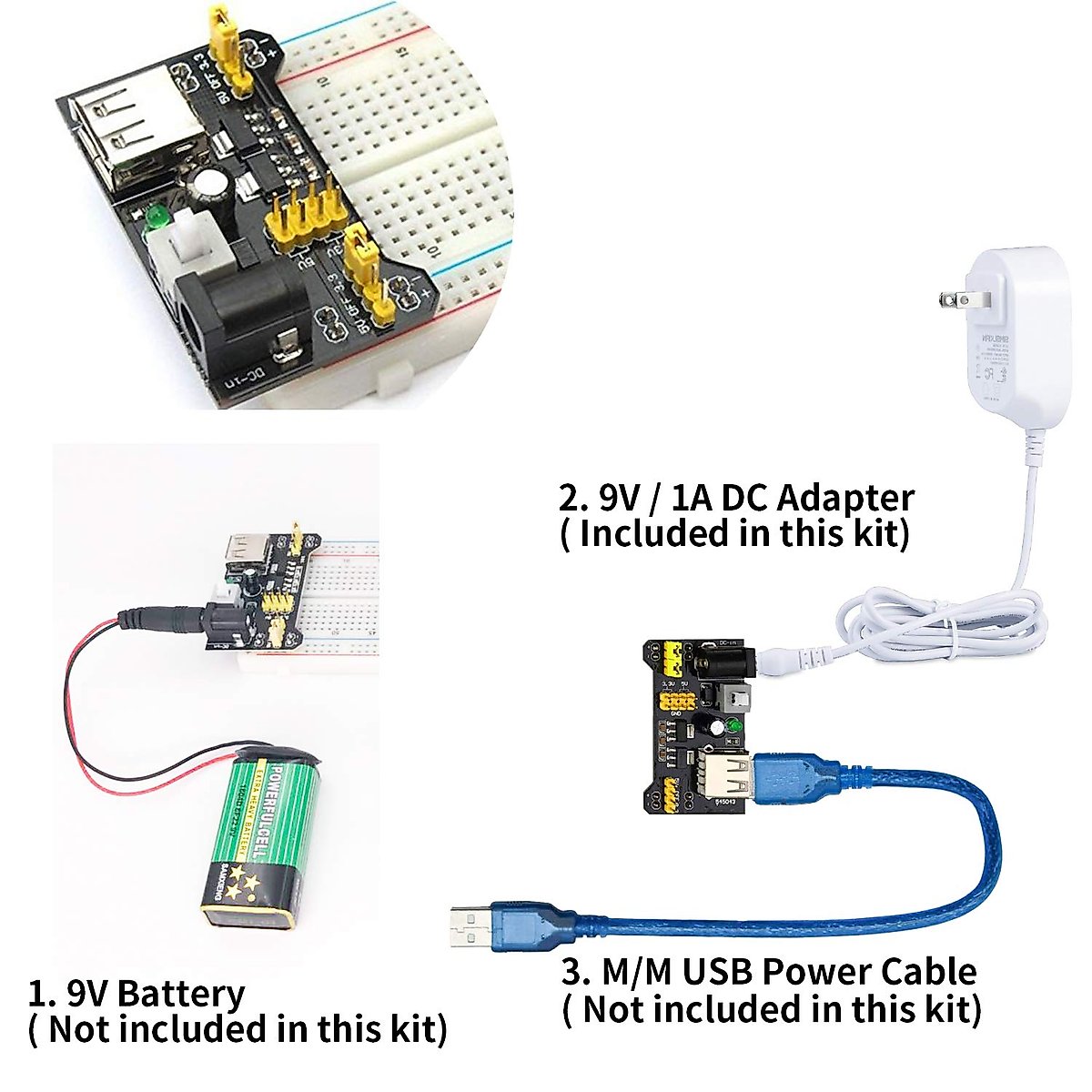 Testeronics 7 in 1 Breadboard Power Module Kit Compatible for Arduino/Raspberry Pi| 2PCS 3.3V/5V Power Supply Modules | 9V/1A Power Adaptor | 2PCS Solderless Breadboard 400 Points|65 PCS Jumper Wires