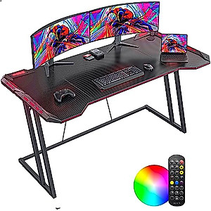 CubiCubi Gaming Desk with LED, 55 Inch Gamer Workstation, Home Computer with Carbon Fiber Surface, Black