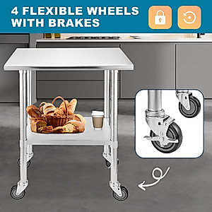 YBLFDY 24x30 Stainless Steel Table with Wheels and Adjustable Feet for Home Kitchen NSF Stainless Steel Prep Table,Metal Table with Undershelf for Garden