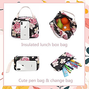 Lmeison Green Floral Backpack with Lunch Box, Girls Backpack for School Kids Backpack College Backpack Travel Backpack for Women