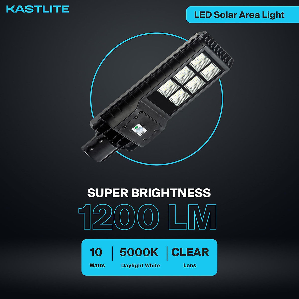 KastLite 10W LED Dusk to Dawn Solar Outdoor Lighting w/Motion Sensor & Remote Control - Dimmable 90-Watt Equiv. 5000K 1200 Lumen Solar Street Light - Waterproof Parking Lot/Security Area Lamp, Black