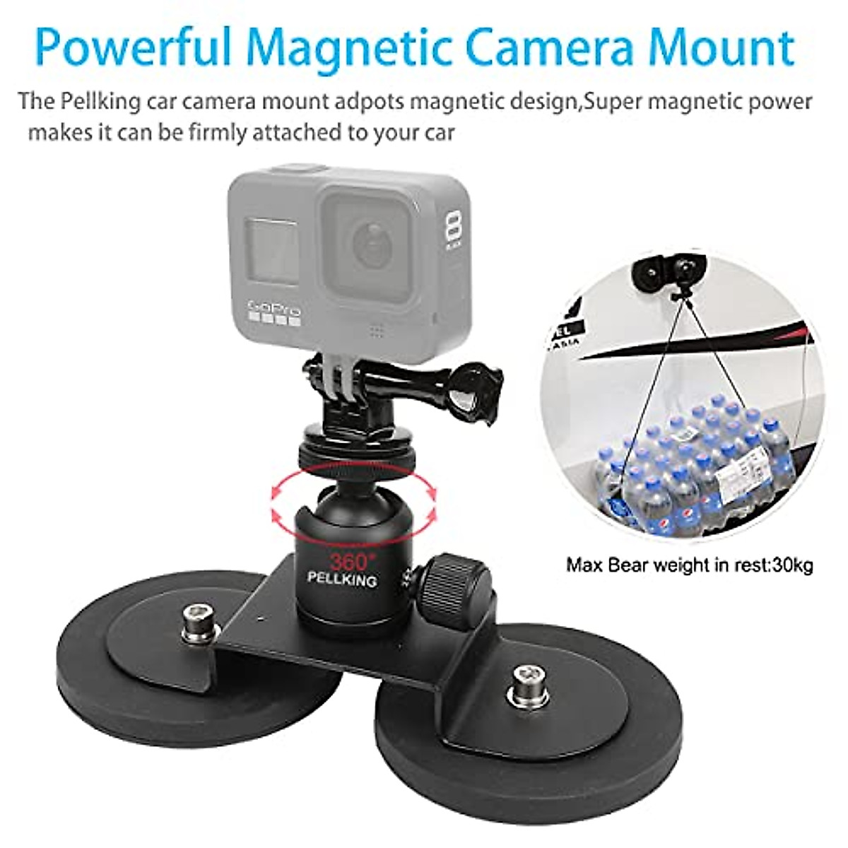 PellKing Magnet Camera Mount for GoPro,Heavy-Duty Metal Car Powerful Magnetic Camera Mount with 360 Degree Rotation Ball Head for Car Body,Compatible with GoPro Hero 9 Black 8/7/6/5,Etc