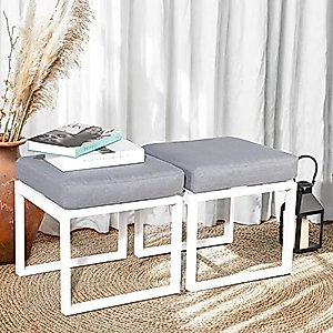 Soleil Jardin Outdoor Ottomans for Patio Set of 2, Assembled Aluminum Outdoor Footstool with Grey Cushions, Small Seat Furniture for Garden Yard Deck Poolside, White Frame…
