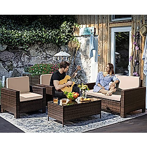 Greesum 4 Pieces Patio Furniture Sets, Wicker Rattan Sofa Chair with Soft Cushions and Sturdy Coffee Table, Outdoor-Indoor Use for Backyard Porch Garden Poolside Balcony, Beige and Brown