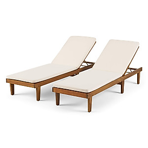GDFStudio Oudoor Modern Acacia Wood Chaise Lounge with Cushion (Set of 2), and Cream
