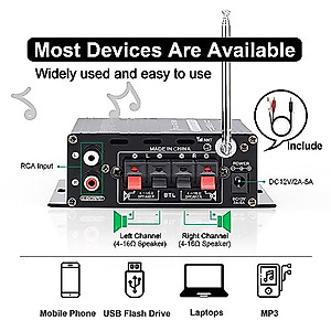 AK-370 Bluetooth Audio Amplifier with 12V/5A DC Power Supply,2.0 Channels Bluetooth Amplifier Supports Bluetooth/RCA/USB Flash Drive/SD Card Input and FM Function