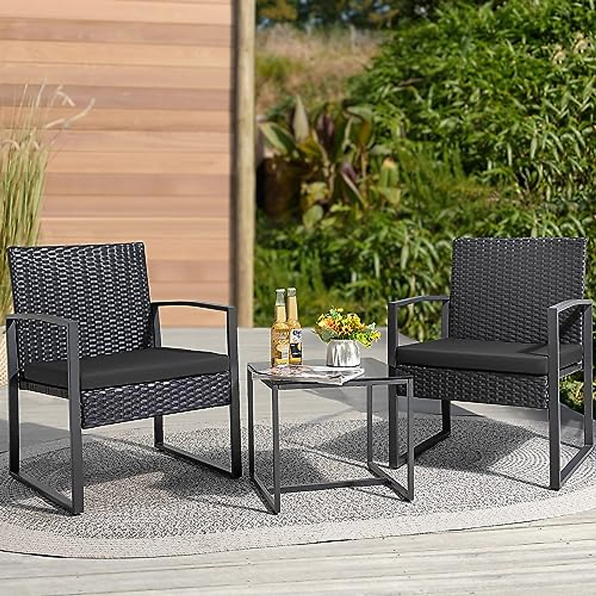 GUNJI Patio Furniture Sets 3 Pieces Outdoor Conversation Set with Coffee Table Patio Wicker Rattan Chairs Set Bistro Sets for Garden, Yard, Lawn, and Balcony (Black)