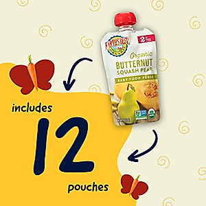 Earth's Best Organic Baby Food Pouches, Stage 2 Fruit and Vegetable Puree for Babies 6 Months and Older, Organic Butternut Squash and Pear Puree, 4 oz Resealable Pouch (Pack of 12)
