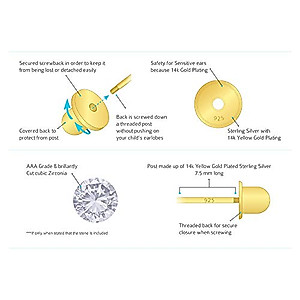 14k Gold Plated Brass Cross Cubic Zirconia Screwback Baby Girls Earrings with Sterling Silver Post