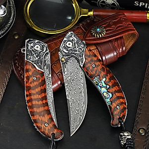 ALVELY Handmade Folding Pocket Knife, 3.6in Straight Alloy Steel Blade, Snake Lines Wood Handle, Liner Lock, with Leather Sheath, EDC Unisex Adult Knife