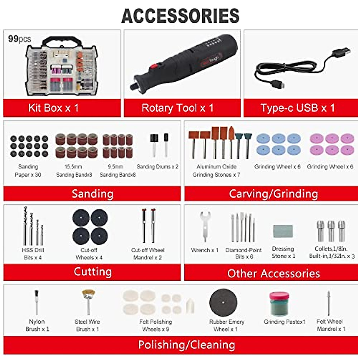 Powertough Cordless Rotary tool with 99pcs accessories Mini Grinder with 2.0A 8v Battery 5 speed 4 front LED light high speed low vibration (Cordless Rotary tool with 99pcs accessories)