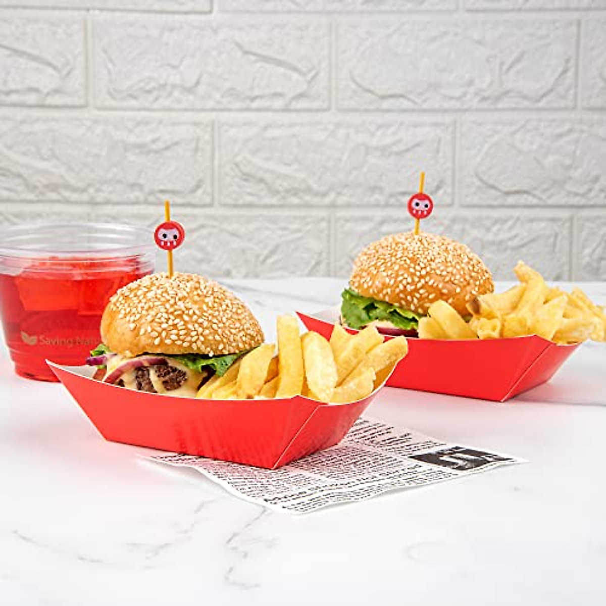 Restaurantware Bio Tek 3.3 x 2 x 1.5 Inch Food Boats, 50 Disposable Food Trays - Portable, Versatile, Red Paper Popcorn Boats, For Snacks, Appetizers, Or Treats, Use At Parties Or Carnivals