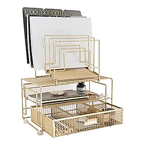 BLU MONACO Workspace Gold Desk Organizer and Accessories Desktop Rack with File sorters and Drawer for Office Supplies, Paper, Device and Folder