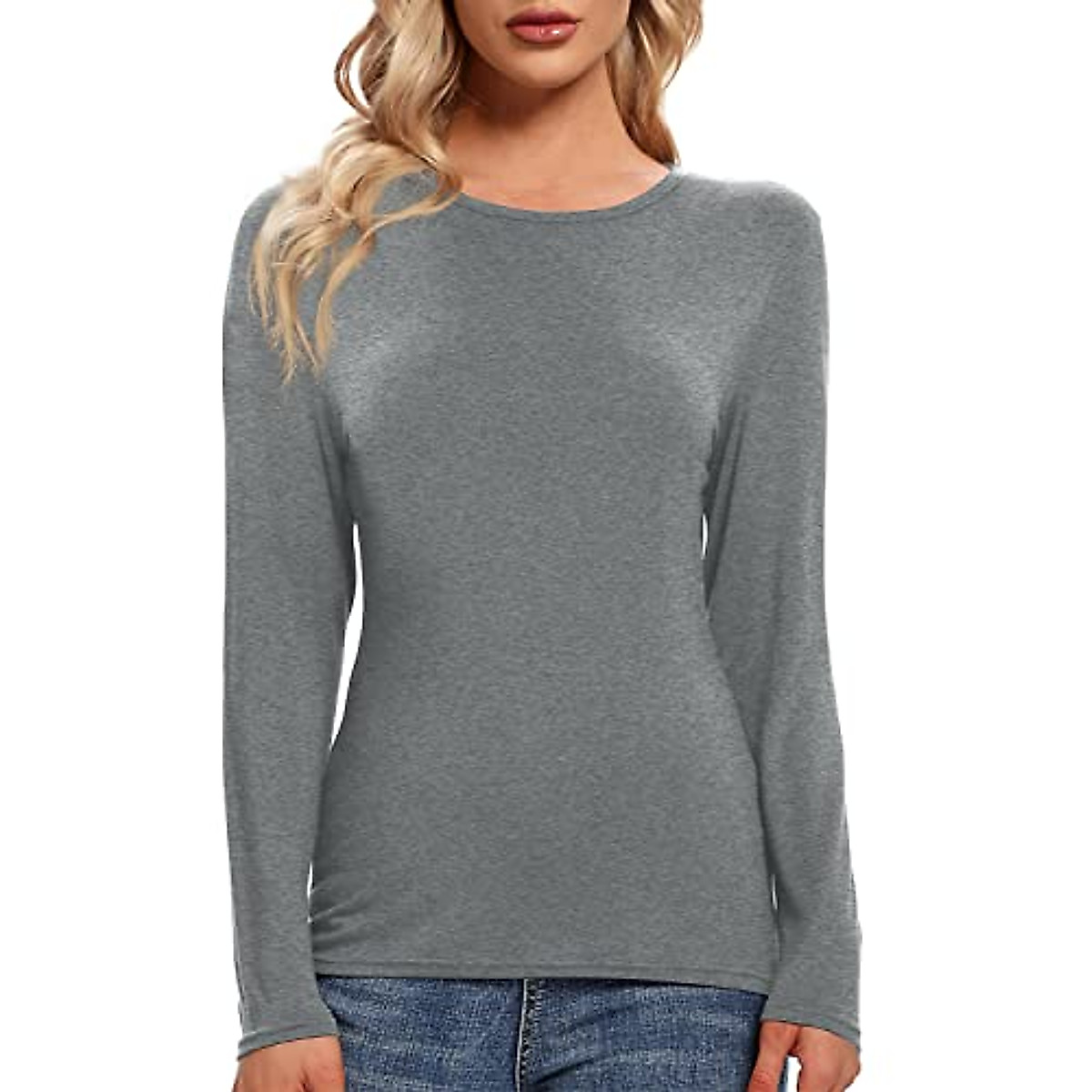 Urban CoCo Womens Crewneck Slim Fitted Long Sleeve T-Shirt Solid Tight Tunic Tops (Dark Grey, XL)