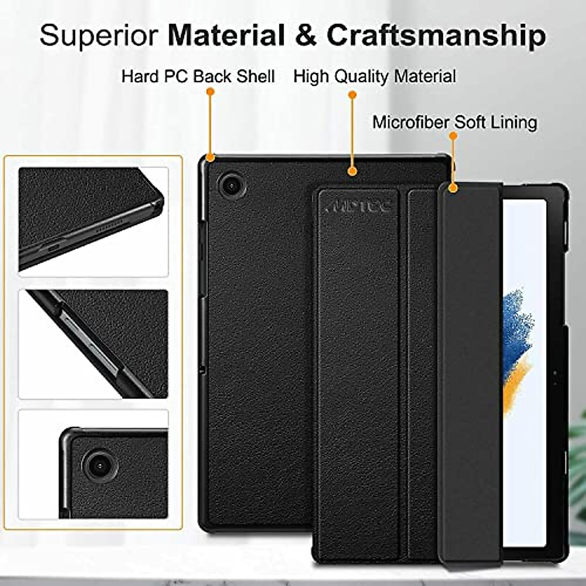 SAMSUNG 2022 Galaxy Tab A8 10.5” Inch 32 GB Wi-Fi Android 11 Touchscreen International Tablet Bundle – MDTec Hard Back Tri-Fold Stand Cover Case and 64GB microSD Card [Gray]