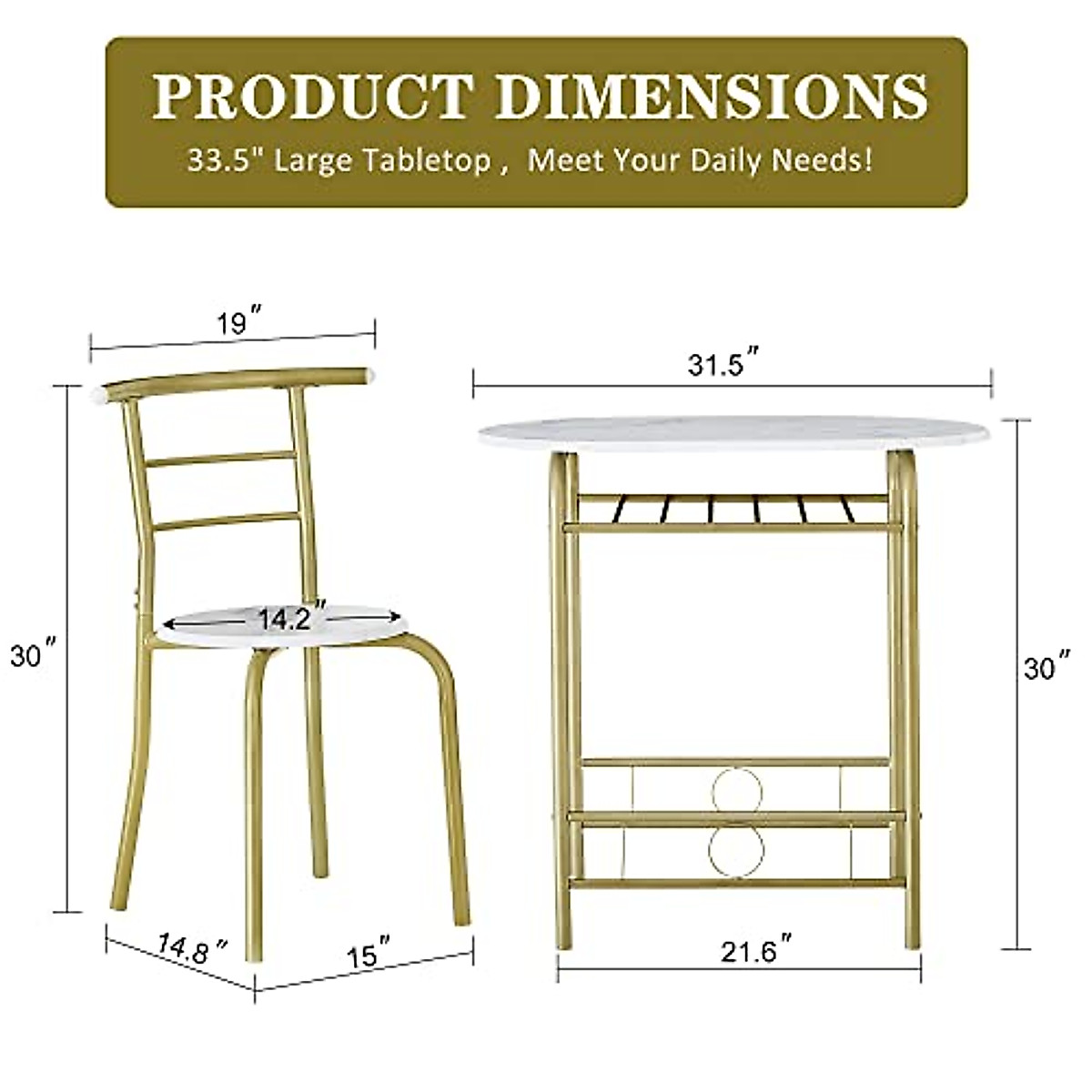 VECELO 3 Piece Small Round Dining Table Set for Kitchen Breakfast Nook, Wood Grain Tabletop with Wine Storage Rack, Save Space, 31.5", White & Gold