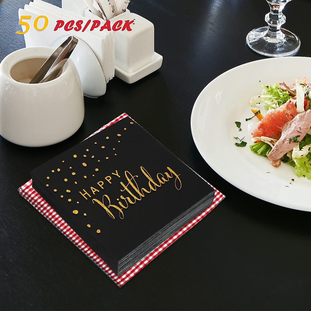 DYLIVeS Happy Birthday Napkins, Black and Gold Foil Dots Napkins Disposable Paper Napkins for Dinner Picnic Cocktail Birthday Party Supplies Decorations for Boy Man, 6.5 x 6.5 Inch (Pack of 50)