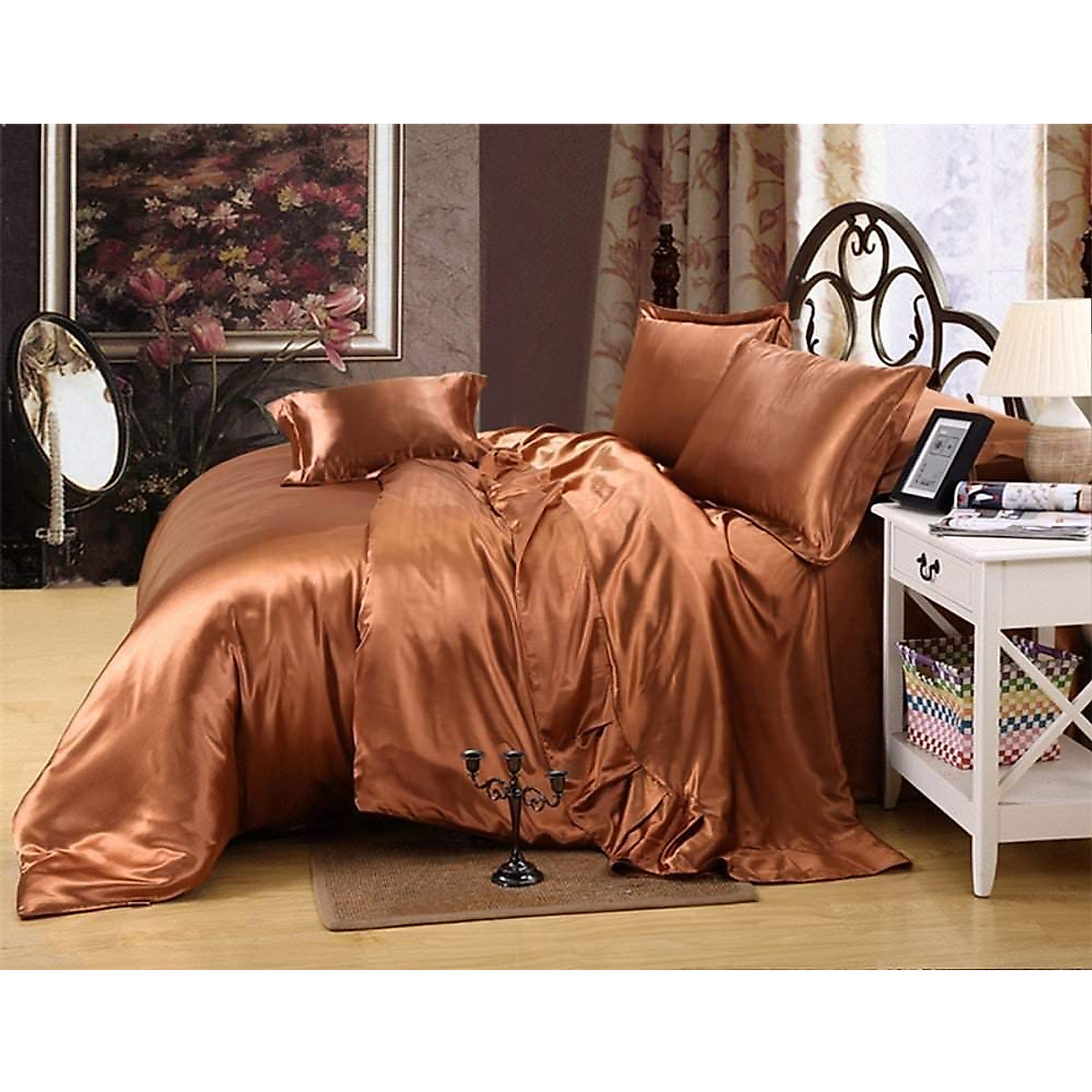 Versatile Bedding Queen Taupe Washed Soft Silky Satin, 4-Piece Bed Sheet Set (1 Zipper Closure Duvet Cover, 1 Fitted Sheet 21" Deep and 2 Pillowcase) Duvet Set - 4 PCs Duvet Cover Set