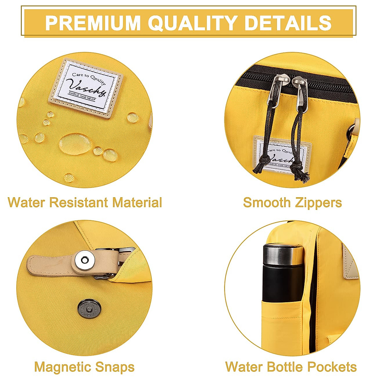 VASCHY Laptop Backpack for Men and Women, Unisex Vintage Water Resistant Casual Daypack Rucksack Bookbag for School College Yellow