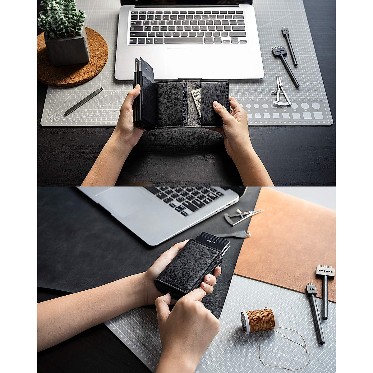 VULKIT Pop Up Wallet Automatic Leather Slim Credit Card Holder RFID Blocking Metal Double Card Case for Men and Women Black