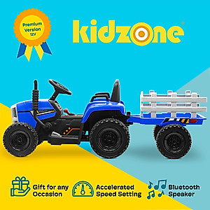 Kidzone 12V 7AH Premium Version with EVA Treaded Tires Dual 35W Motors Boost Power Torque Remote Control Powered Electric Tractor with Trailer Toddler Ride On Toy 3-Gear-Shift, 7-LED Lights, MP3