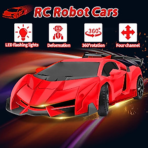 Transformable Remote Control Car for Boys 4-7 8-12 Gifts, 1:18 Transform Robot Toy Car with 360° Rotating Led Lights & One Button Deformation, Kids Robot Toys for 3 4 5 6 7 8 9 10+Years Old, Red