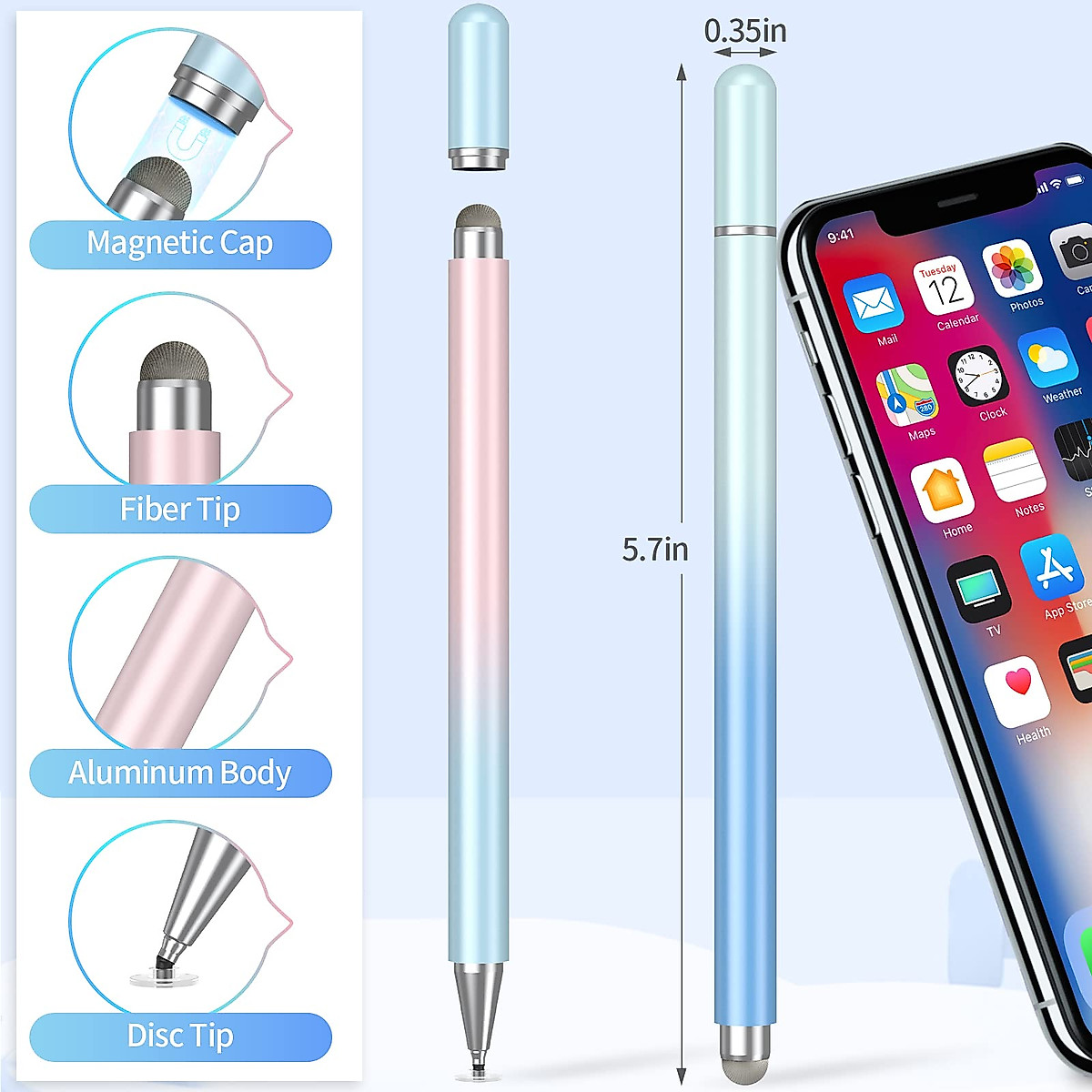Stylus Pens for Touch Screens(2 Pcs), High Sensitivity 2-in-1 Magnetic Disc Stylus Pen for iPad Compatible with All Capacitive Touch Screens (Blue Pink/Light Green Blue)