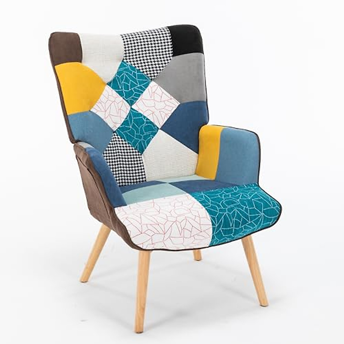 Lepfun Patchwork Solid Wood Armrest and Feet, Mid-Century Modern Accent, Fabric Sofa Chair for Living Room Bedroom Studio, Comfy Side Armchair for Bed,Antique Blue