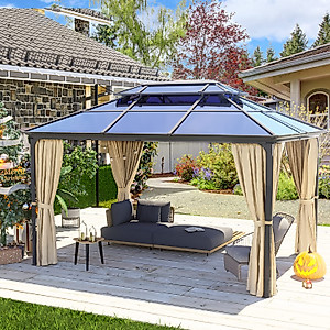 COWVIE 13 x 10 FT 2-Tier Polycarbonate Roof Gazebo, Aluminum Frame Outdoor Gazebo with Mosquito Netting and Curtains, Suitable for Patio, Backyard, Deck, Lawns