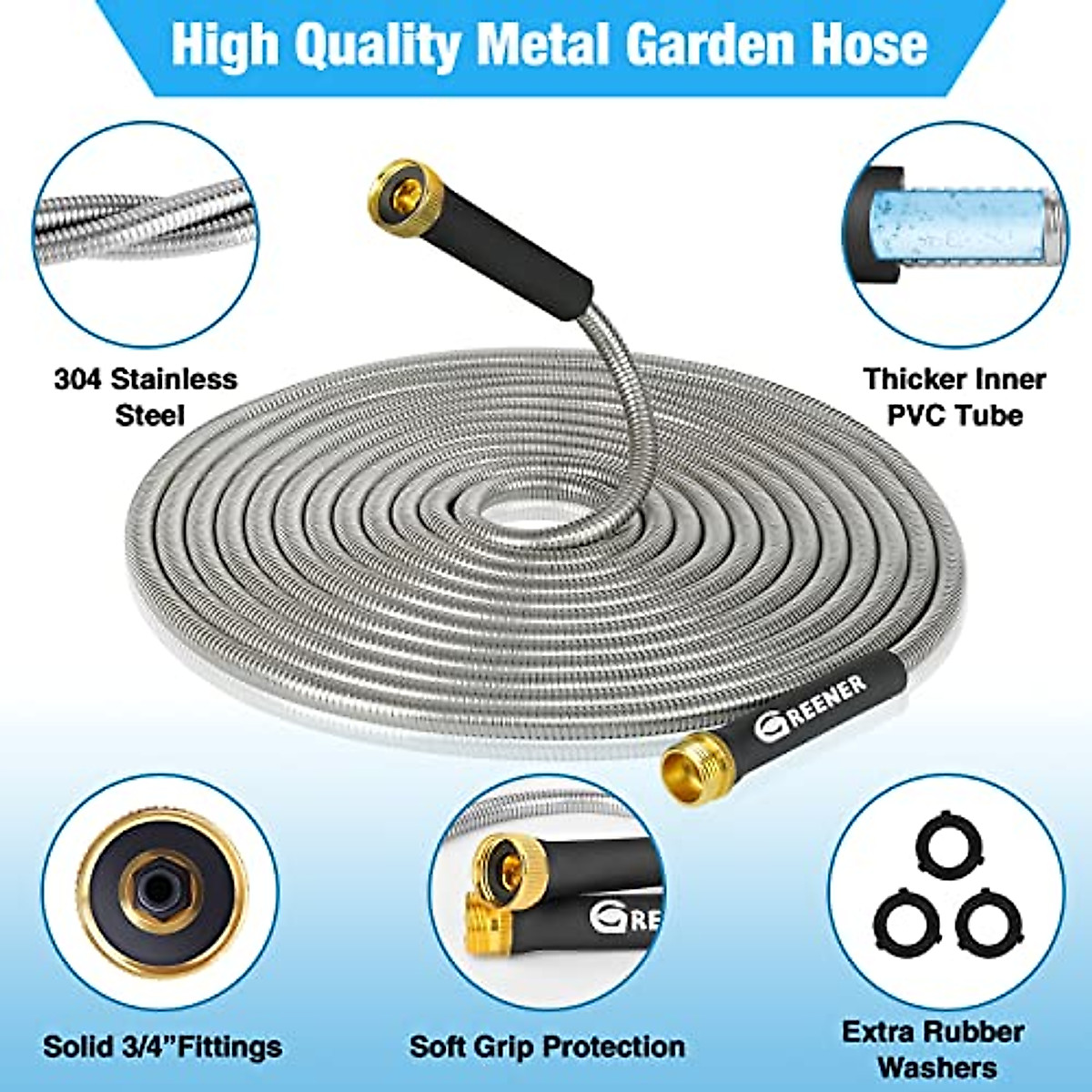 GREENER Stainless Steel Garden Hose 50ft-Heavy Duty Metal Water Hose Rust-proof Flexible Hose with 10 Functional Nozzle, Anti-puncture Kink-resistant Tangle Free Pet-proof Hose for Outdoor Yard Lawn