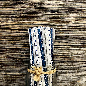 Navy Blue Silver and White Paper Straws - Polka Dot - 7.75 Inches - Pack of 100- Outside the Box Papers Brand