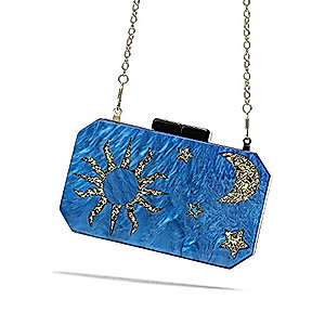 Acrylic Small Clutch Purses for Women,Gold Stars Moon and Sun Patterns, Blue Evening Clutch for Party