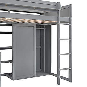 SOFTSEA Twin Loft Bed with Desk and Wardrobe, Solid Wood Loft Bed with Desk and Storage Shelves, High Loft Bed Frame with Bookcase Headboard and Ladder for Kids Teens Adults, Gray