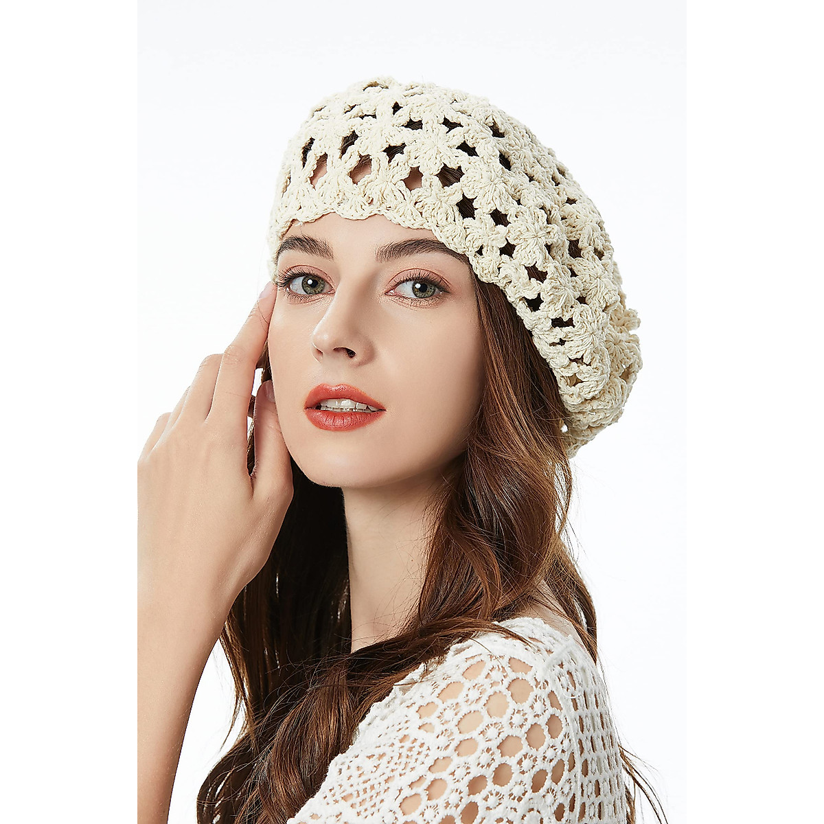 ZLYC Women Cotton Slouchy Crochet Beret Handmade Cutout Floral Beanie Hat (Beige)
