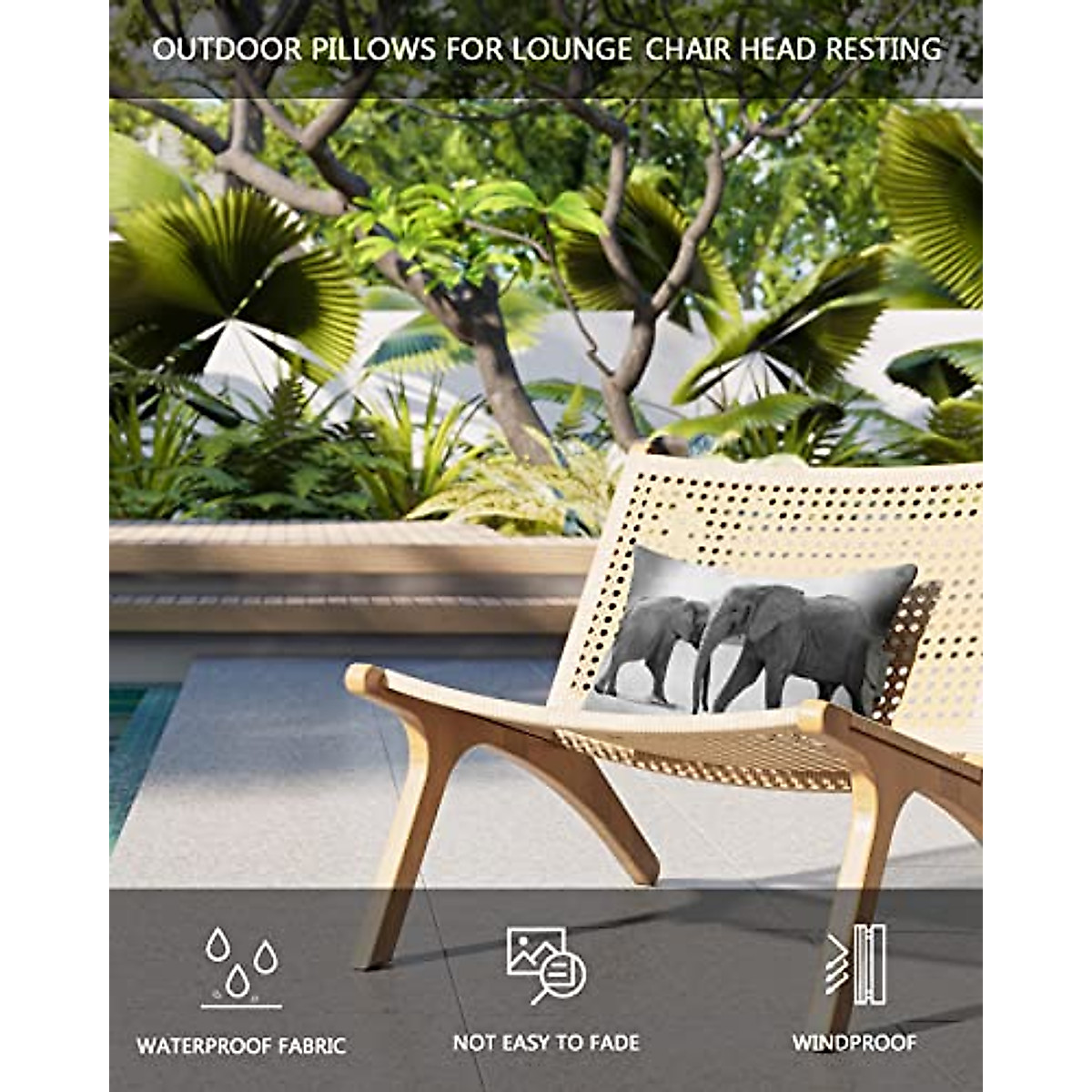 Recliner Head Pillow Ledge Loungers Chair Pillows with Insert Wild Animal Elephant Gray Lumbar Pillow with Adjustable Strap Outdoor Waterproof Patio Pillows for Couch Beach Pool Office Chair, 2 PCS
