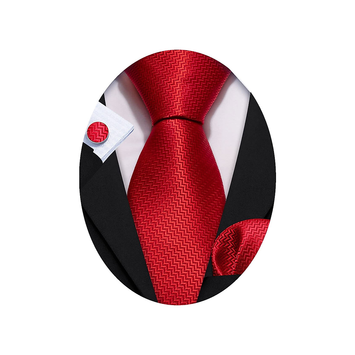 Barry.Wang Formal Red Solid Color Man Tie Set Necktie Handkerchief Cuff Links Wedding Ceremony