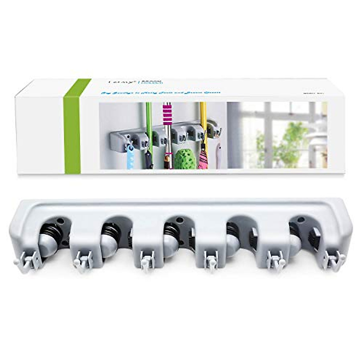 LETMY Broom Holder Wall Mounted - Mop and Broom Hanger Holder - Garage Storage Rack & Garden Tool Organizer - 5 Position 6 Hooks for Home, kitchen, Garden, Tools, Garage Organizing