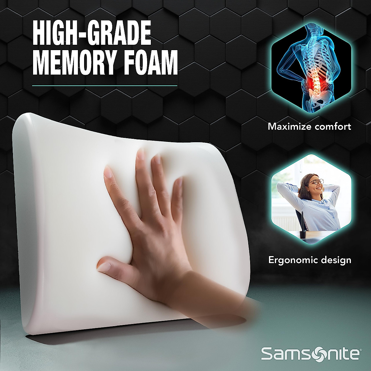 SAMSONITE - Lumbar Support Pillow For Office Chair And Car Seat, Memory Foam, Versatile Use Lower Back Cushion