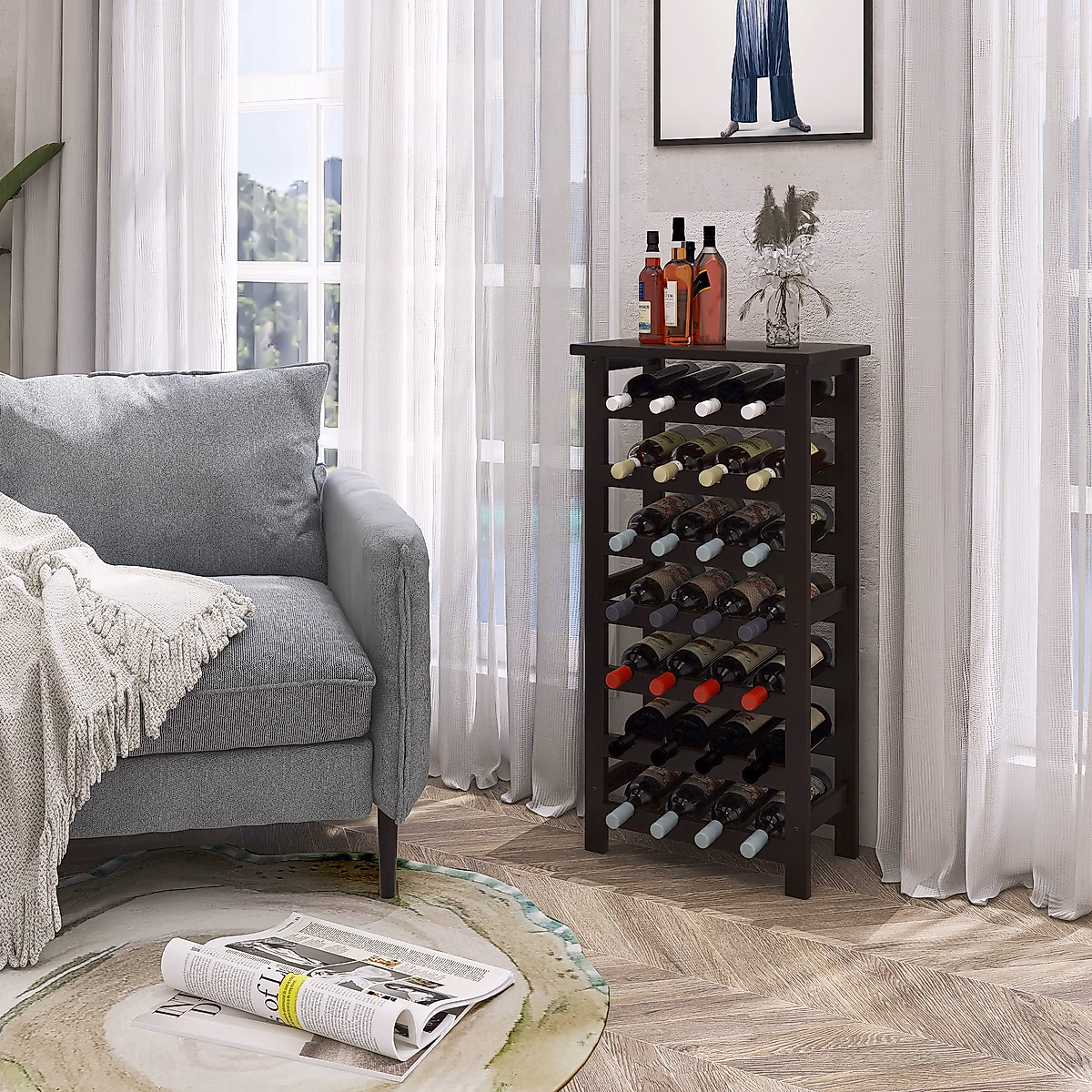 SMIBUY Bamboo Wine Rack, 28 Bottles Display Holder with Table Top, 7-Tier Free Standing Storage Shelves for Kitchen, Pantry, Cellar, Bar (Dark Brown)