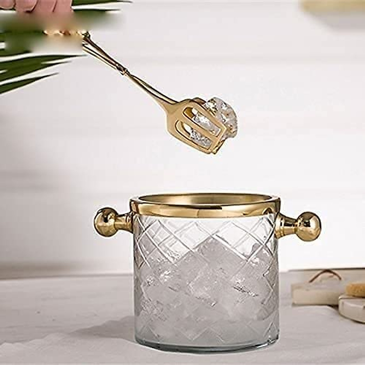 WEBOL Ice Bucket for Freezer Handmade Brass Glass Ice Bucket with Ice Clip Dining Table Cooler Wine Wine Rack Ice Bucket Champagne Can Coolera