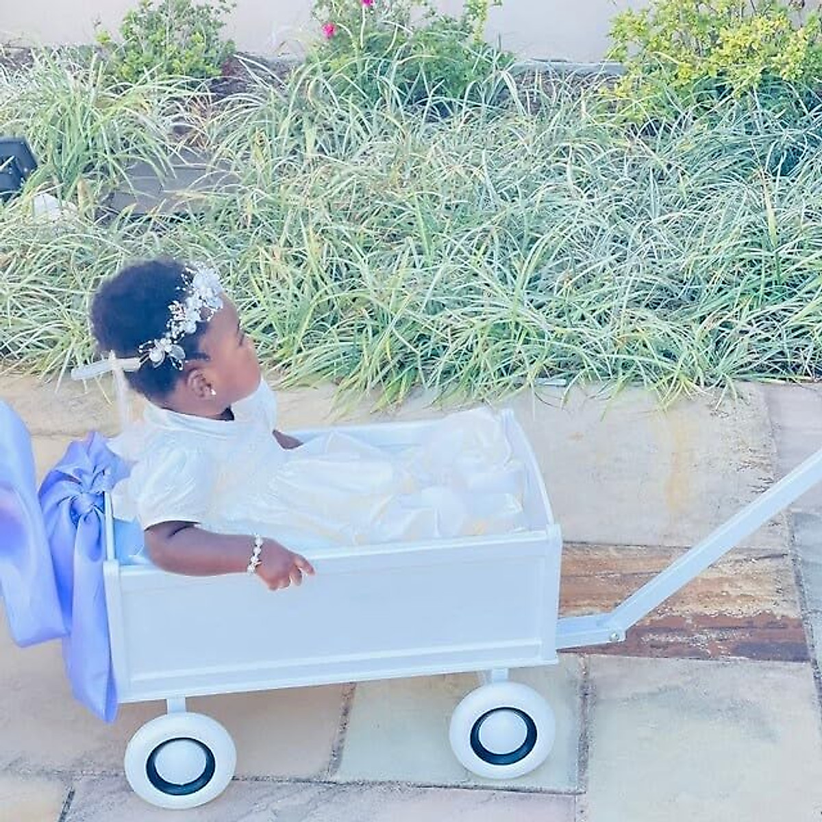 Premium Wooden Wagon STAS - Safe and Beautiful | Ideal for Weddings and Flower Girls | Color: White Fluff| Wheels: Rubber