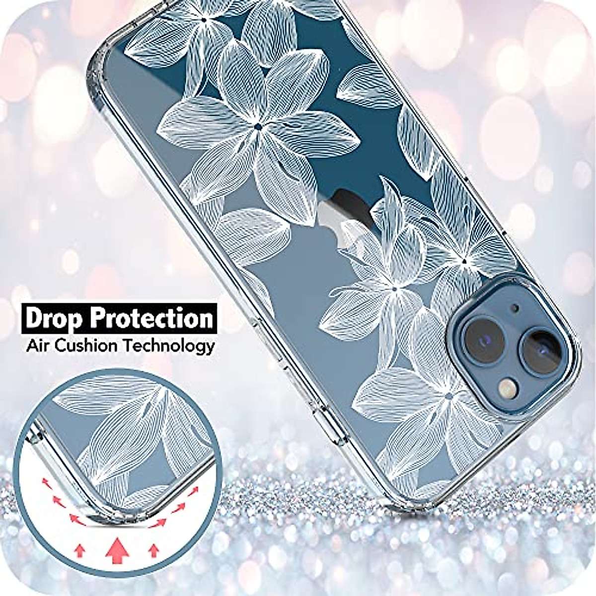 RANZ iPhone 13 Mini Case, Anti-Scratch Shockproof Series Clear Hard PC+ TPU Bumper Protective Cover Case for iPhone 13 Mini (5.4") - White Flower