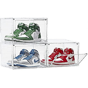 EZLucky 3 Pack Large Shoe Boxes Clear Plastic Stackable, Side Open Shoes Organizer with Magnetic Door, Clear Shoe Boxes Stackable for Display Sneakers, Fit Shoe Size Up to US 15 (14.2x11x8.7in)