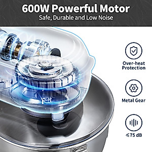 Stand Mixer, 6 QT 600W Tilt-Head Dough Mixer, 6+P speed Mixers Kitchen Electric Stand Mixer with Stainless Steel Bowl, Dishwasher-Safe Dough Hook, Flat Beater, Wire Whisk, Splash Guard, Black