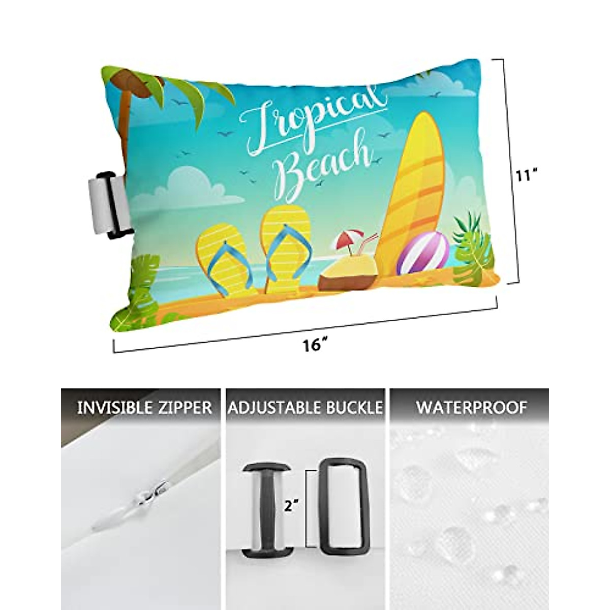 Recliner Head Pillow Ledge Loungers Chair Pillows with Insert Summer Beach Surfboard Cartoon Palm Tree Lumbar Pillow with Adjustable Strap Outdoor Waterproof Patio Pillows for Beach Pool, 2 PCS