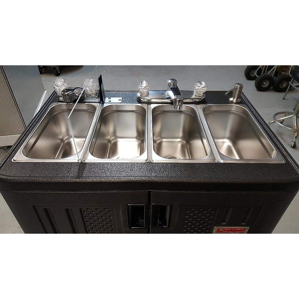 Concession Sinks Standard Propane 3 Compartment with Removable Accessory Shelf, Soap Dispenser and New! 3" Caster Wheel Base by Concession Sinks